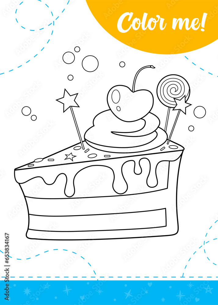 Coloring page for kids with cake slice. A printable worksheet, vector ...