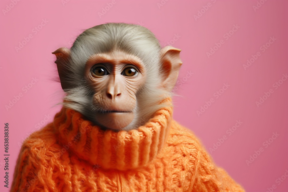 A chimp turned human dressed in a sweater poses on an pink pastel ...