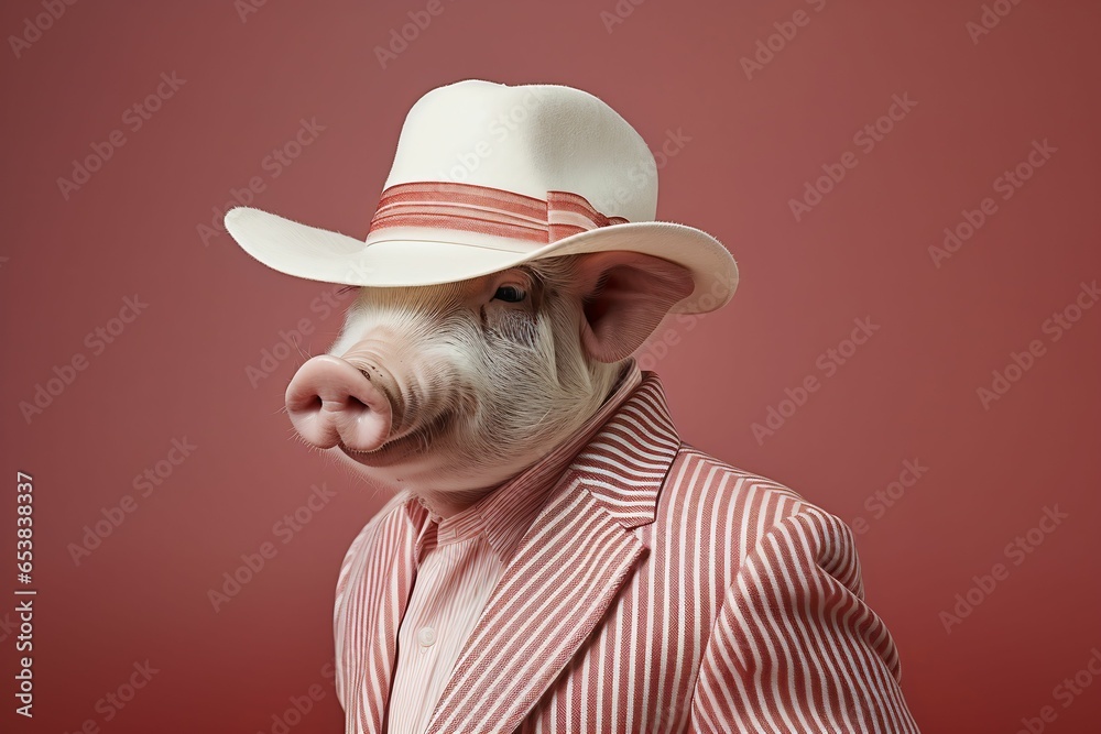 A pig turned human dressed in a suit and tie poses on a black ...