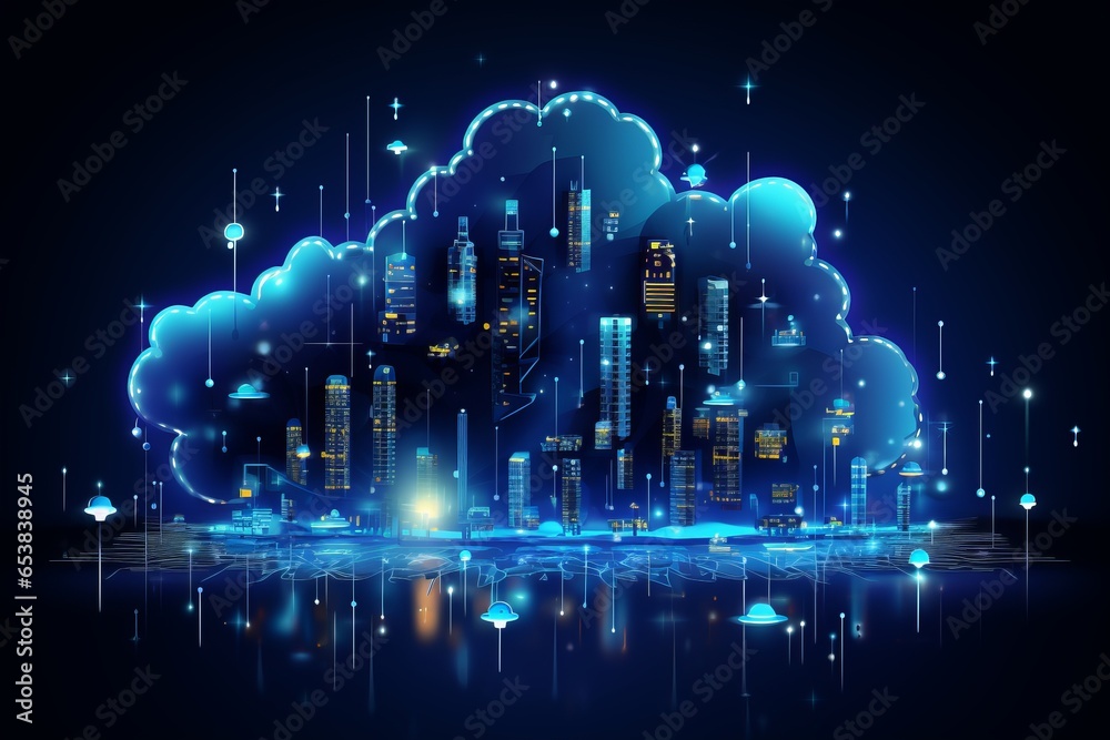 Futuristic Smart City with Digital Clouds. Neon-lit smart city with ...
