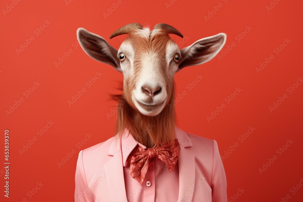 A goat turned human dressed in a suit and tie poses on a orange ...