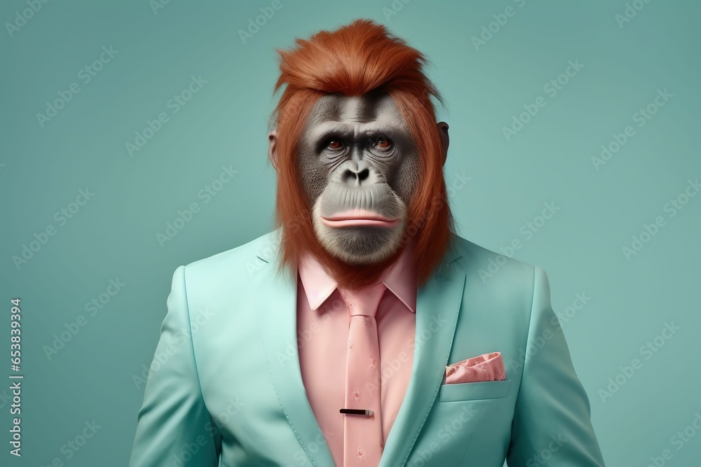 A monkey turned human dressed in a suit and tie poses on a turquoise ...
