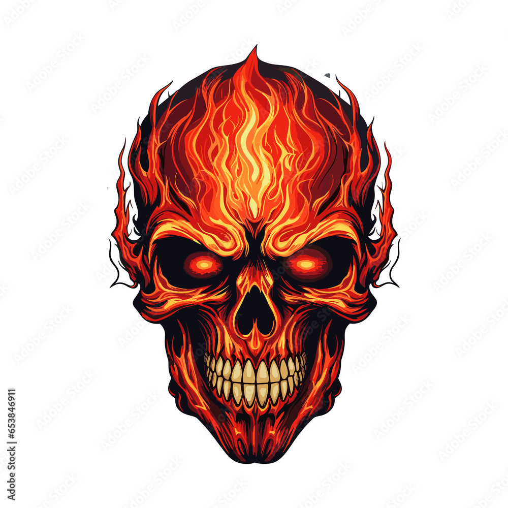 Skull with flames, burning skull sticker, fire skull illustrations ...