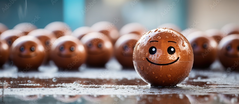 Brown balls in the background laugh while one brown ball in front ...