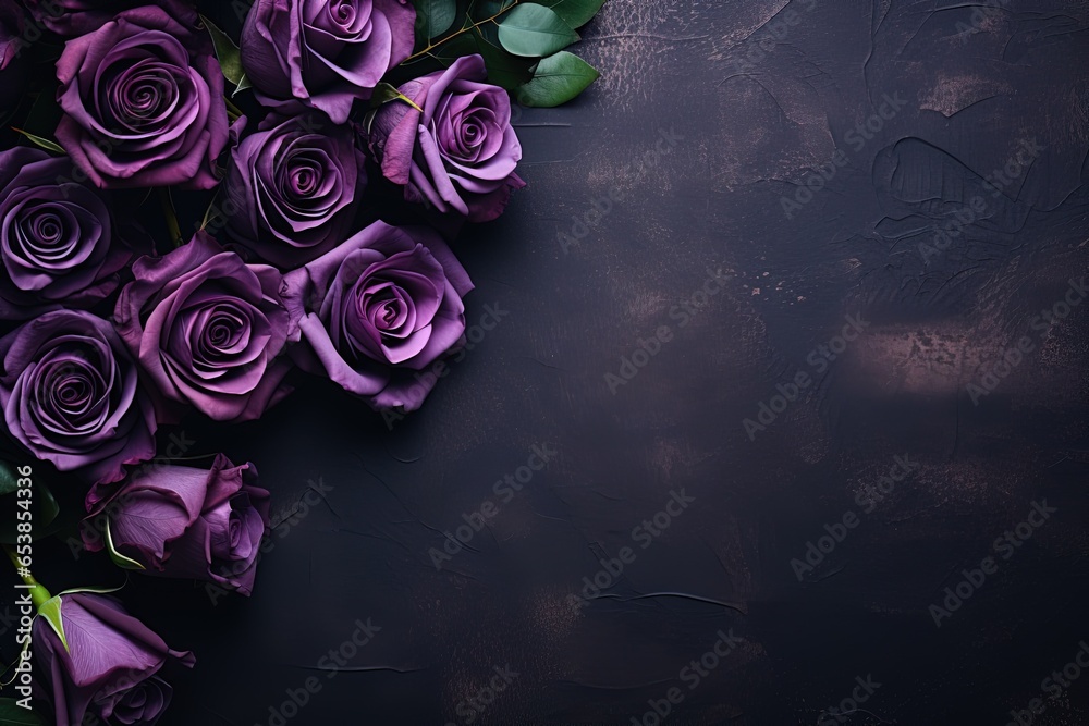 violet roses border frame on dark wooden background top view, floral ...