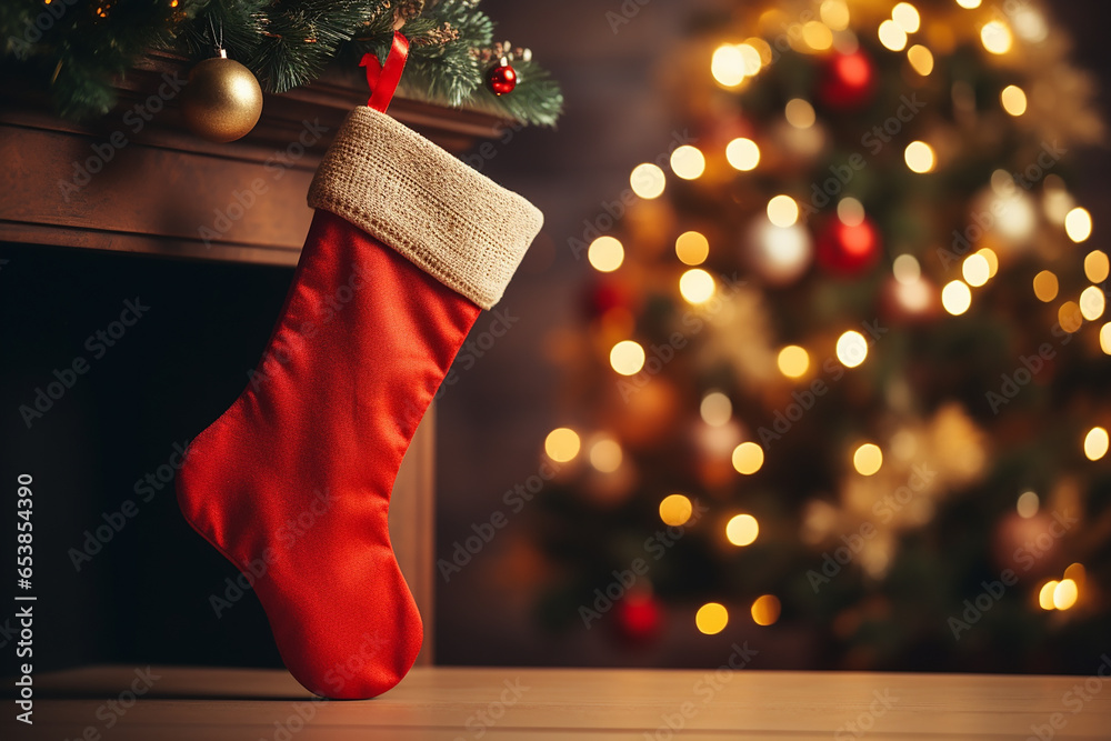 Red Santa Claus hat and sock hanging under christmas tree in the house ...