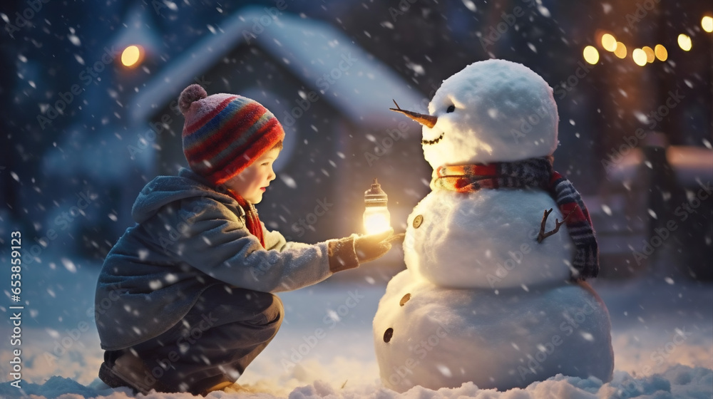 Bonhomme de neige avec un enfant, décoration pour fêter le jour de Noël ...