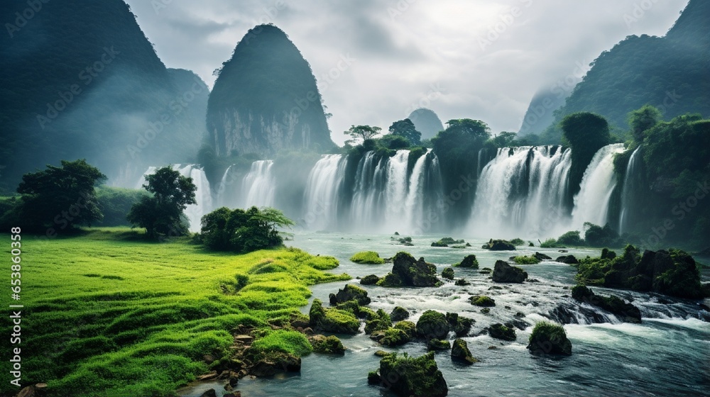 Waterfall features a lakeside tree in the foreground a smooth water ...