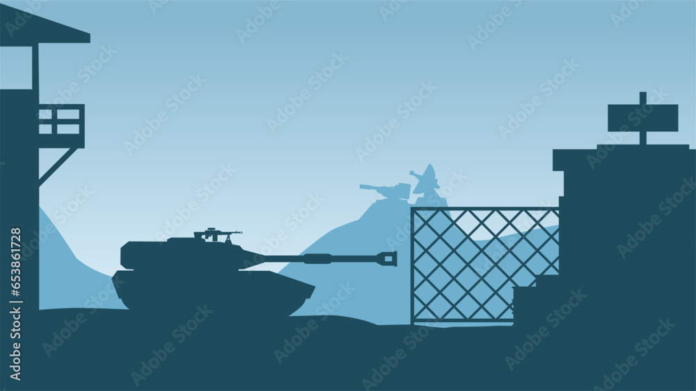Military base landscape vector illustration. Landscape silhouette of ...