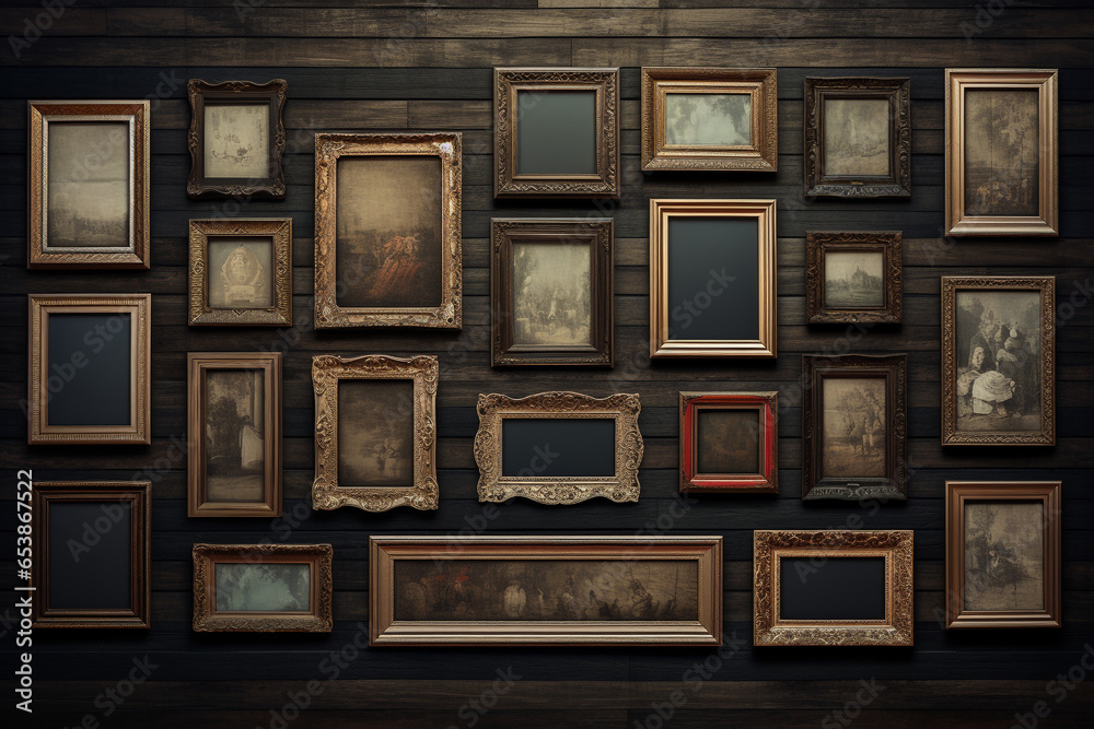 Various wooden retro vintage frames hanging on wall with copy space ...