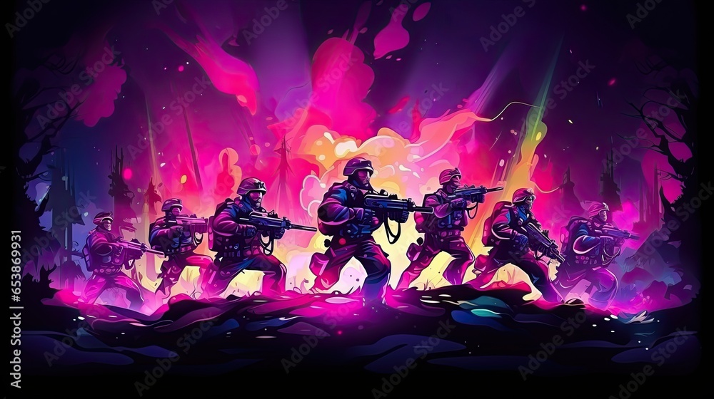 Combat infantry attack the enemy. Fully equipped soldiers of war run ...