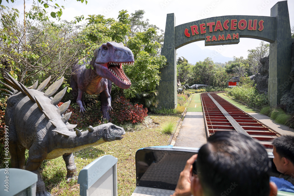 East Java, Indonesia - August 14, 2023. Fossil and Satue of a T-rex ...