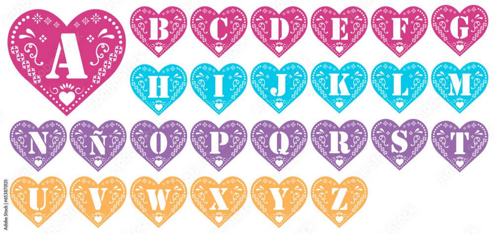 Papel picado con las letras del abecedario en forma de corazón, en ...
