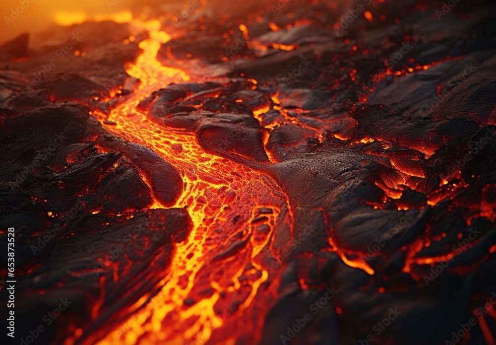 Close-up of flowing lava, top view. Dark texture background. Dangerous ...