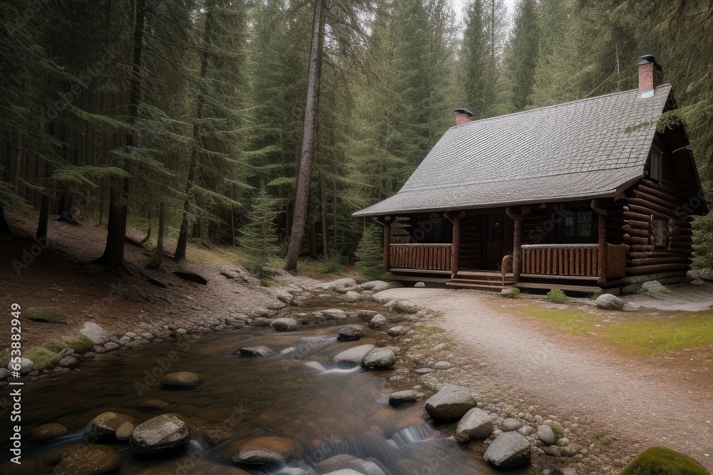 Log cabin in forest clearing. Rustic house on river. Wooden cottage ...