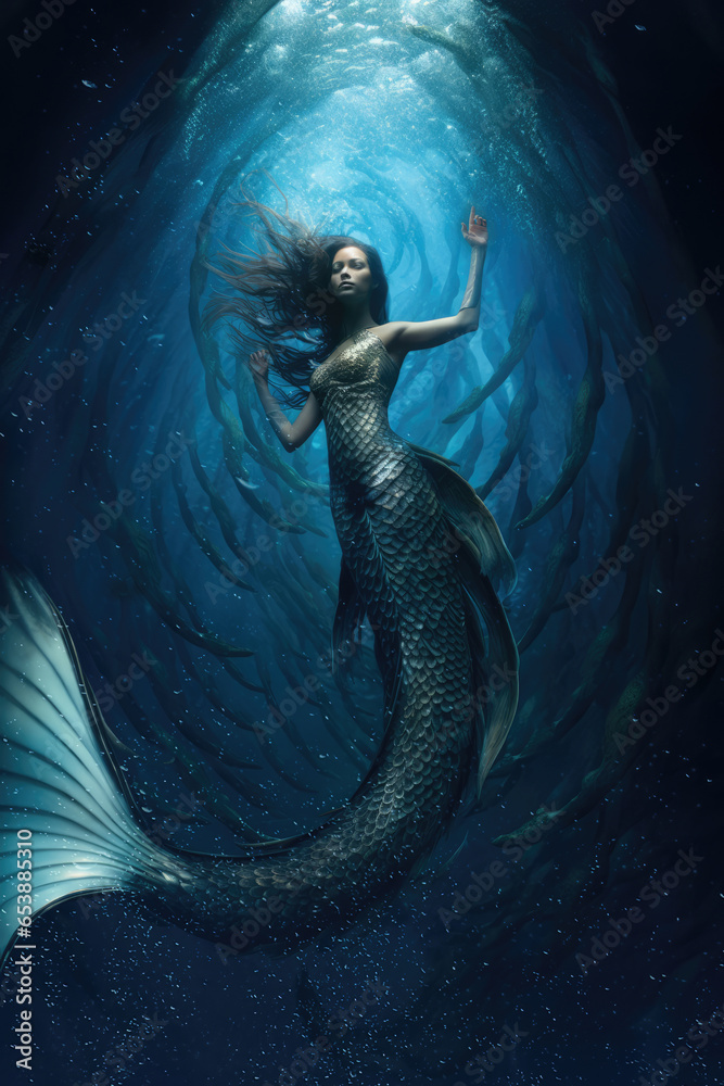 pretty long tail mermaid underwater. crystal clear underwater ocean ...