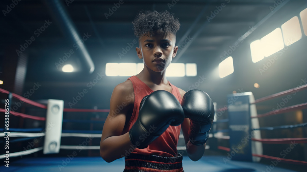 Dedicated Teen Athlete: A Young Black Boy Trains with Gloves in a ...