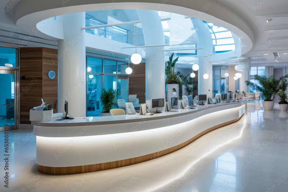 A well-organized and welcoming reception desk at a modern medical ...