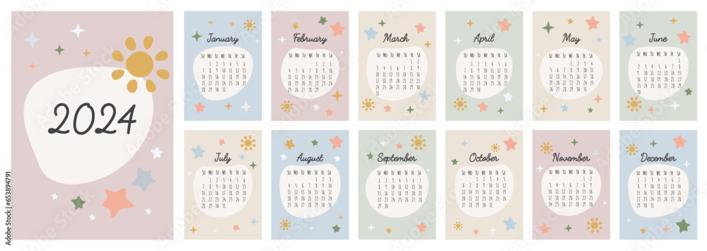 Calendar 2024 template. Monthly calendar 2024 with cute rainbows, stars ...