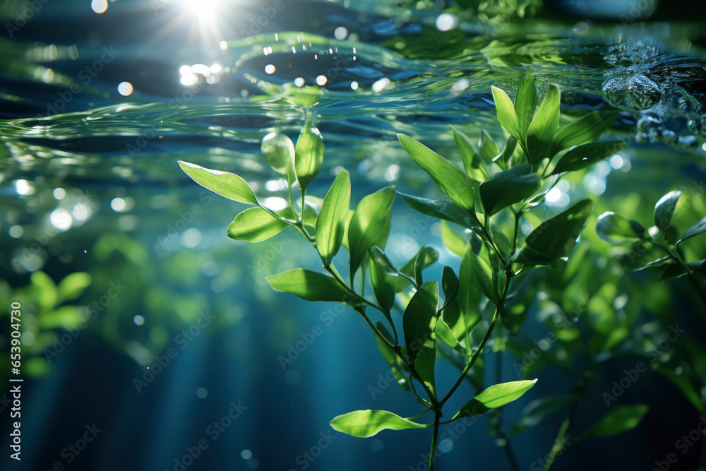Sea life macro concept. seaweed under water in green and blue colors ...