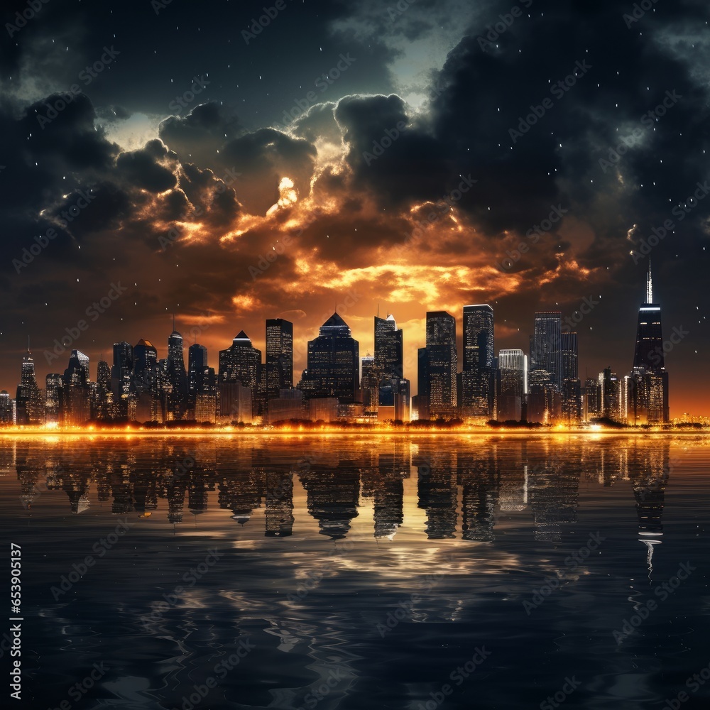 Urban Nightscape: A stunning and dynamic city skyline illuminated under ...