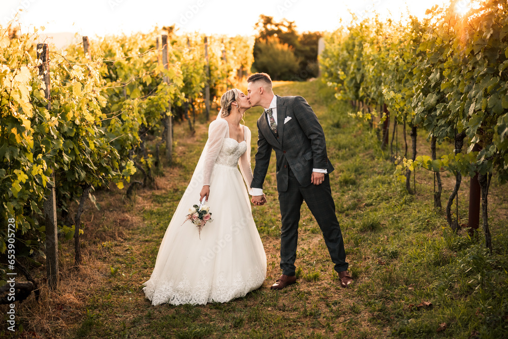 beautiful bride in white dress and groom kissing in the middle of ...