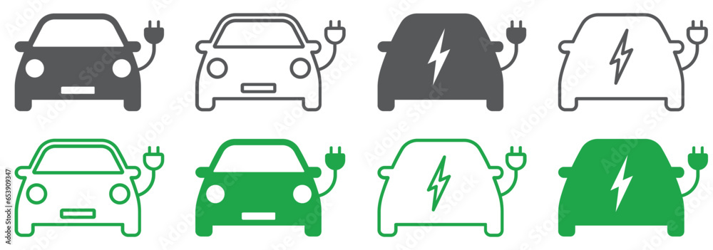 Set of electric car icons. Eco friendly auto with electrical charging ...