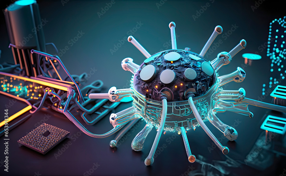 Science fiction, abstract illustration of an artificial virus or other ...