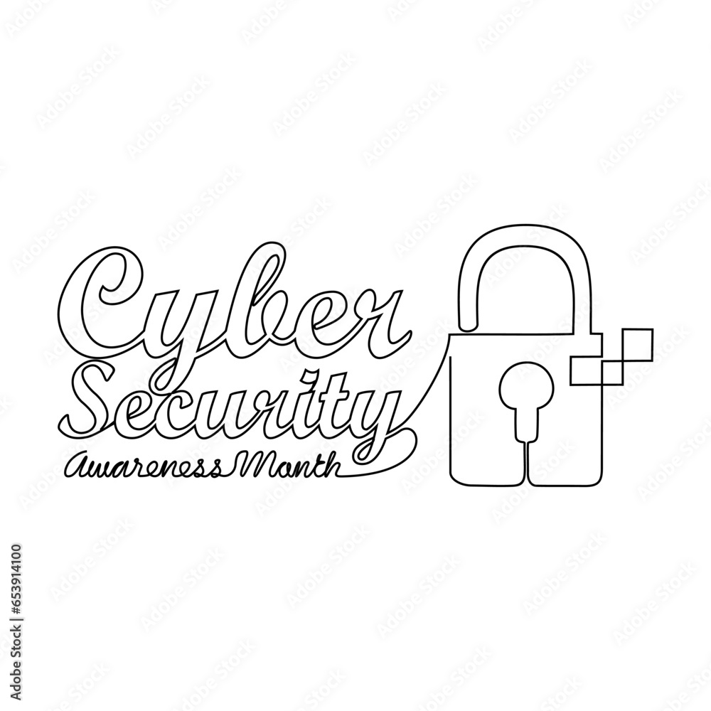 One continuous line drawing of cyber security awareness month with ...