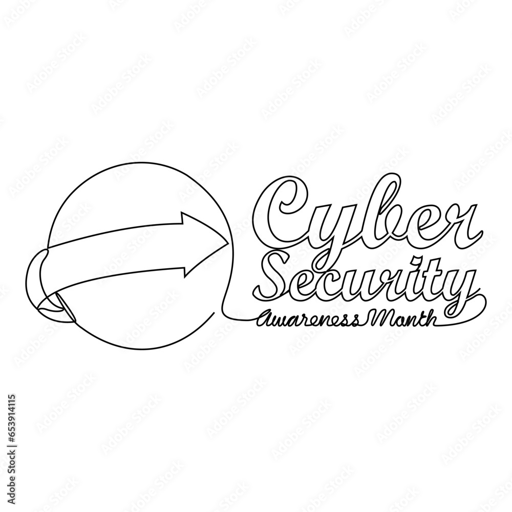 One continuous line drawing of cyber security awareness month with white background. cyber ...
