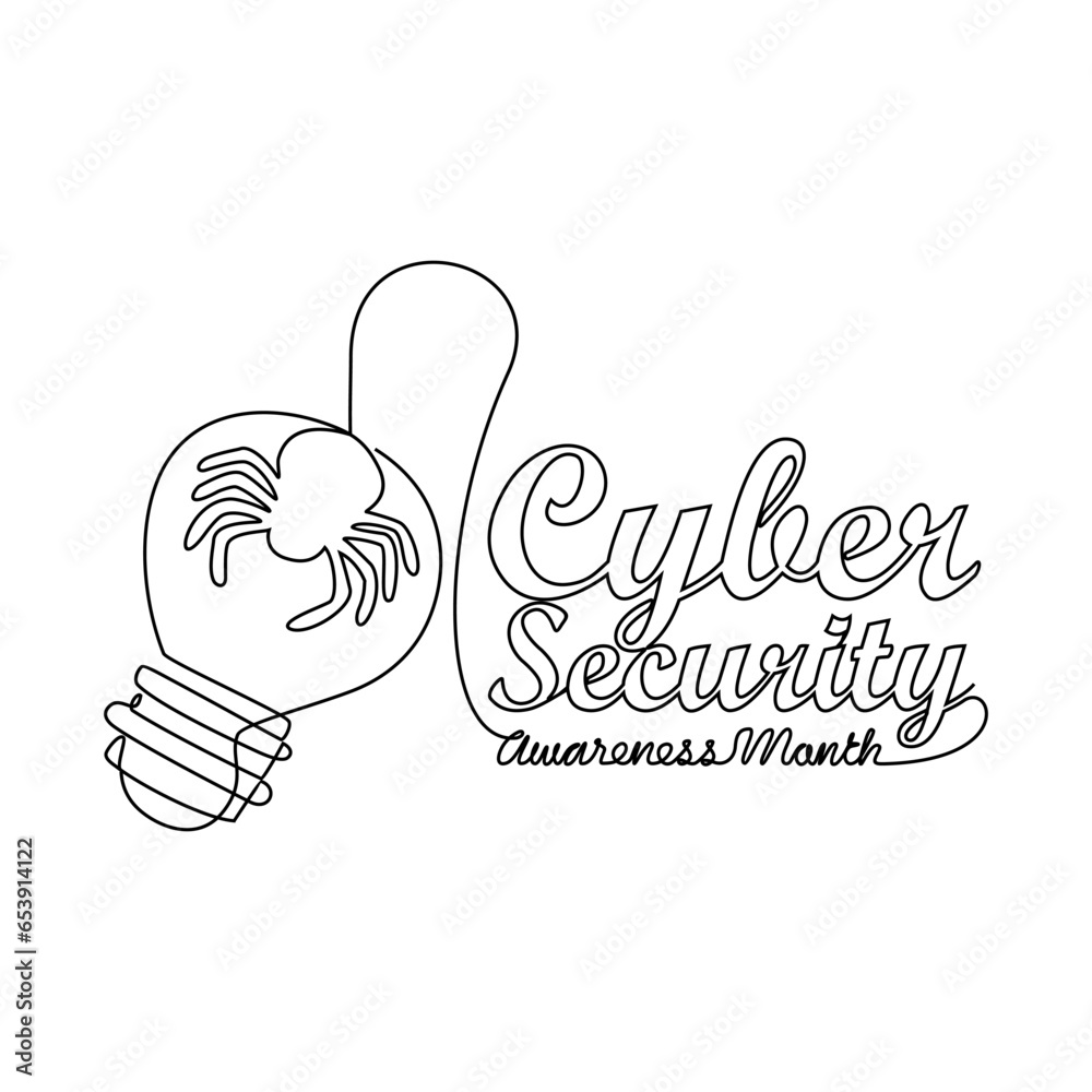 One continuous line drawing of cyber security awareness month with ...
