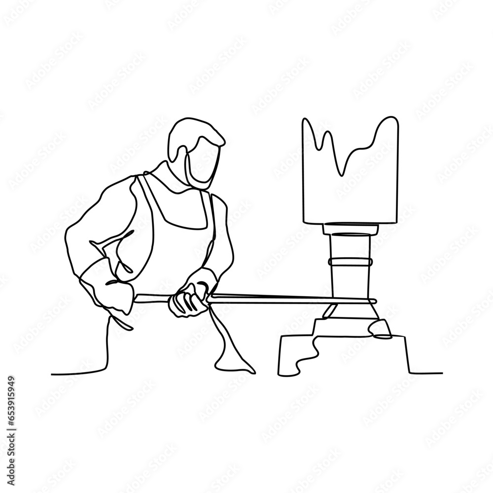 One continuous line drawing of blacksmith working activity with white ...
