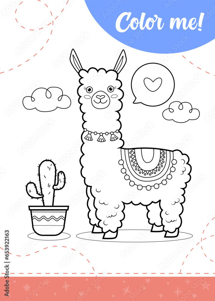 Coloring page for kids with cute cartoon llama. A printable worksheet ...