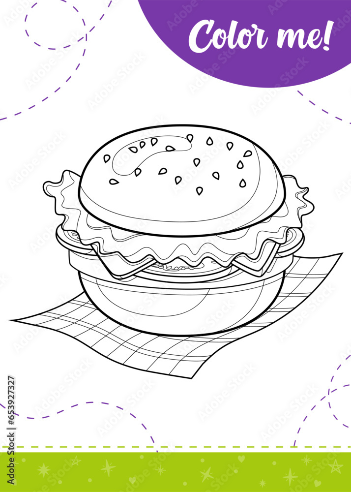 Coloring page for kids with hamburger. A printable worksheet, vector ...