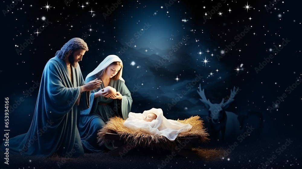 A serene nativity scene with the Holy Family under a starry night ...