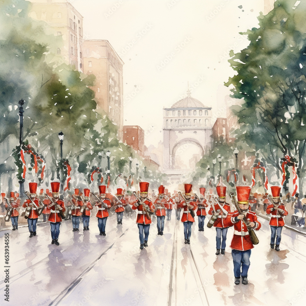 A watercolor painting of a festive holiday parade with marching bands ...