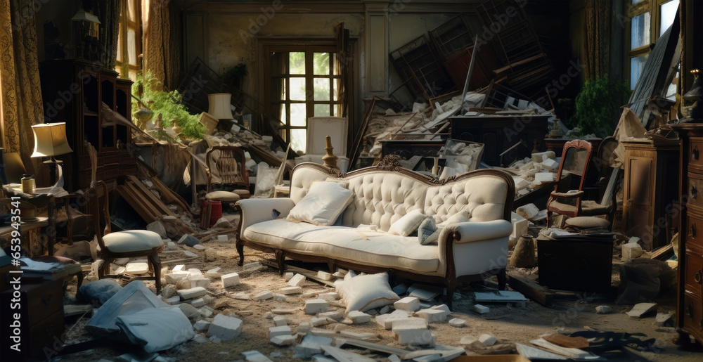 Interior of an abandoned apartment room. War destruction. Air bombing ...