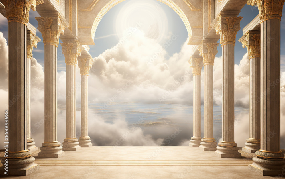 Illustration of entrance to paradise in celestial vision. A portal of serenity and golden light ...