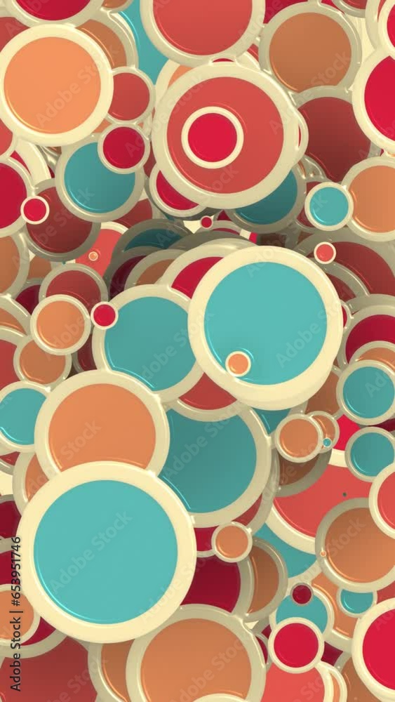 Vertical video - trendy 1970s retro geometric shapes background with gently moving shiny plastic ...