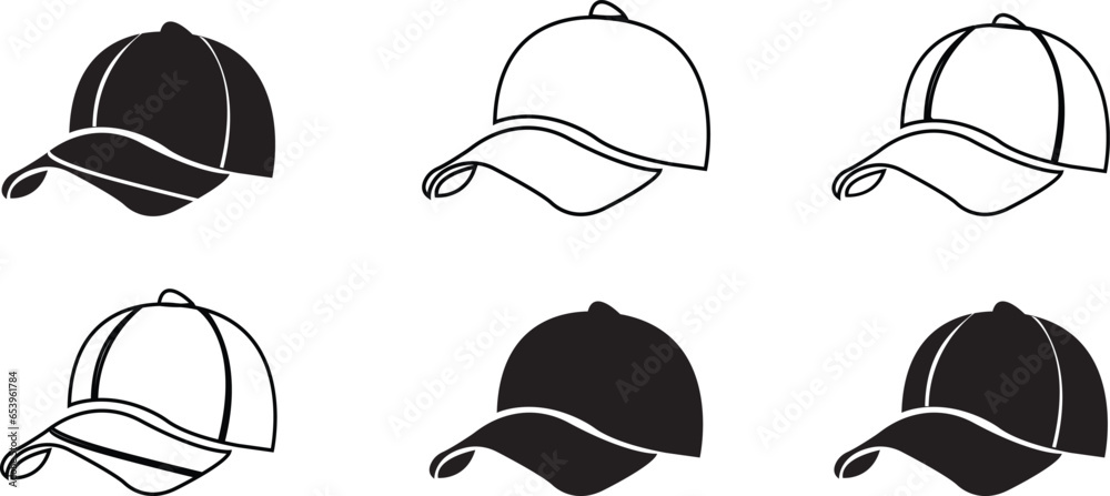 Realistic back front and side view black baseball cap isolated on white ...