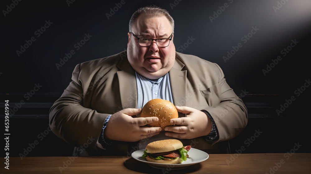 Une homme en surpoids en train de manger un burger à table. Stock Photo ...