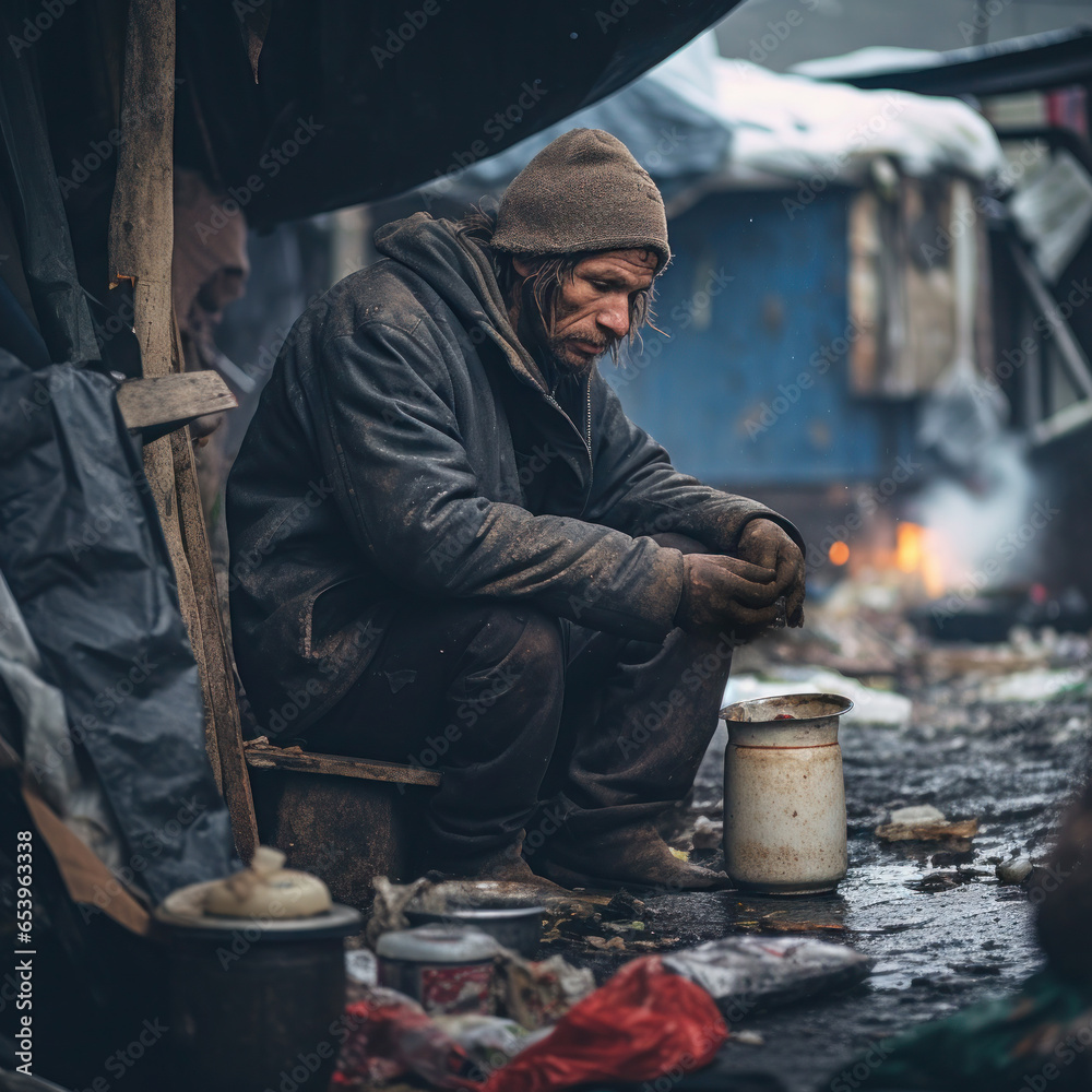 Conceptual representation of ghetto poverty Poor and homeless close-up ...