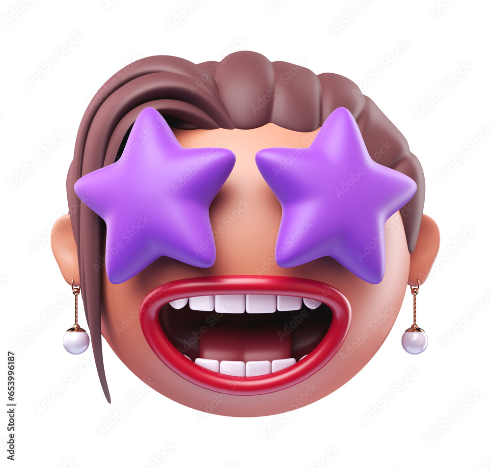 Emoji smiling face with star eyes of glamour woman. Cartoon smiley on ...