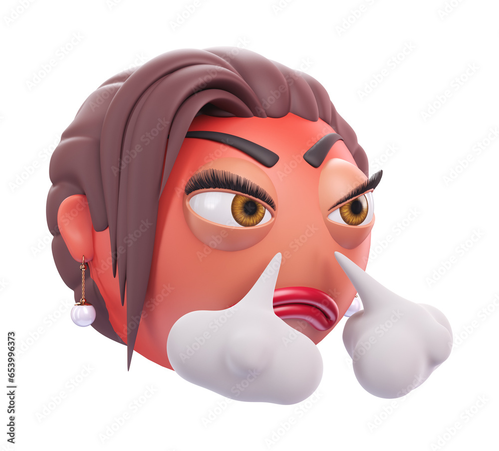 Emoji face with steam from nose of glamour woman. Cartoon smiley on ...