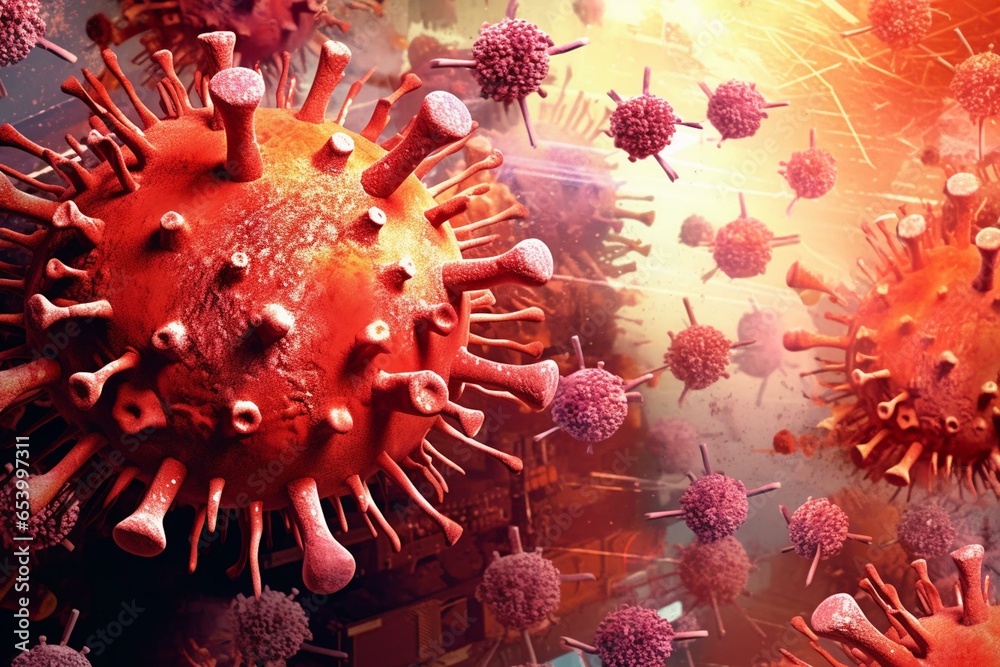 An illustration featuring a dangerous bio-virus with caution signs and ...