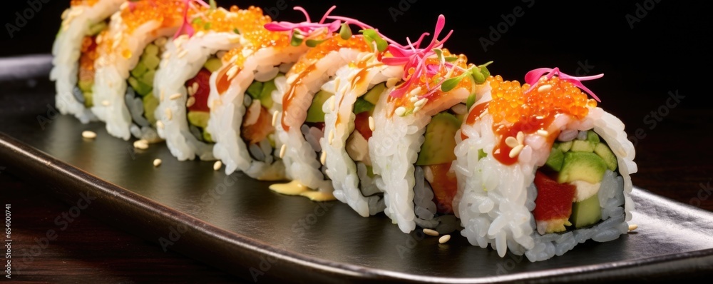 Embark on a culinary journey with the Rainbow roll, delighting in the ...