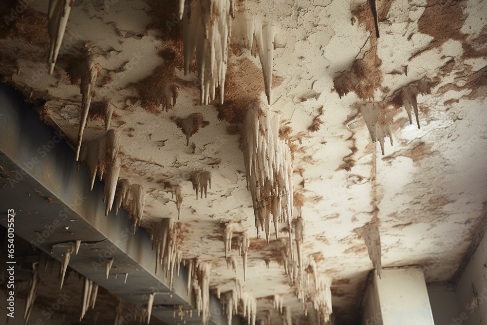 Fungus-infested ceiling panels caused by water pipe leaks or rainwater ...
