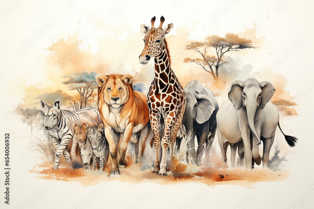 Watercolor wildlife art featuring cheetah, blackbuck, lion, elephant ...