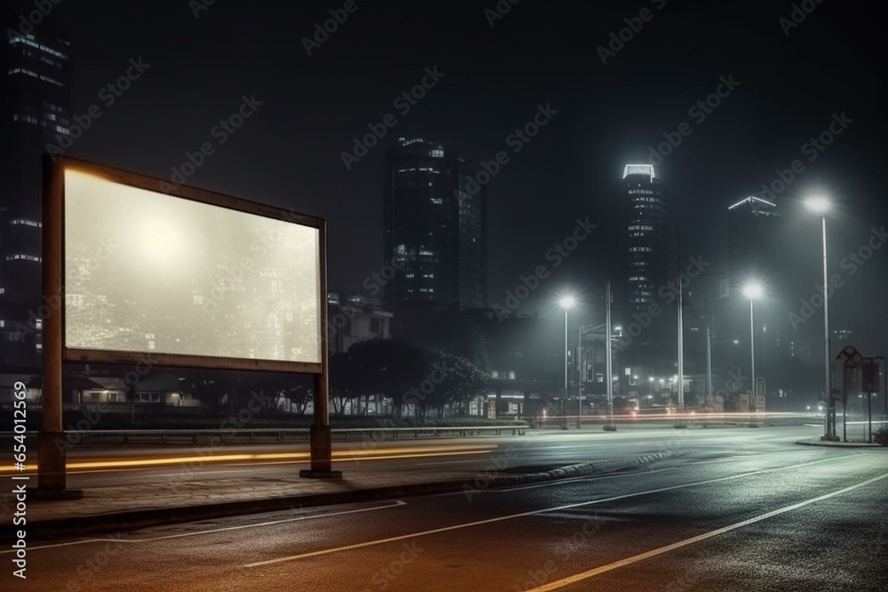 Empty ad billboard on night bus station with template banner on city ...