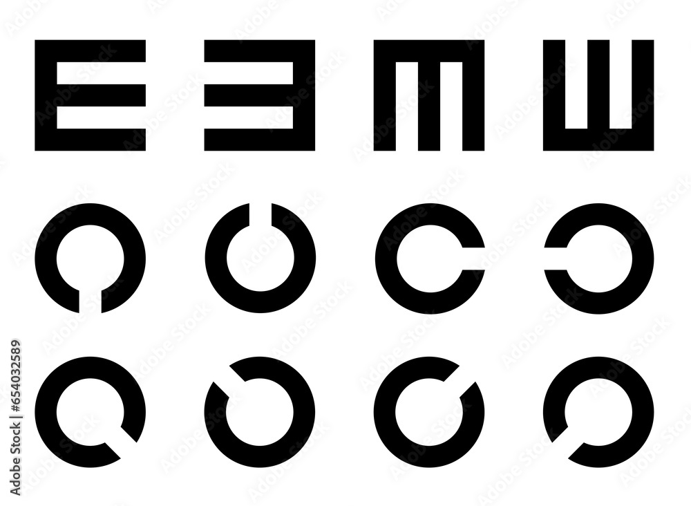 Snellen E and the Landolt C symbols Eye Test Chart medical illustration ...